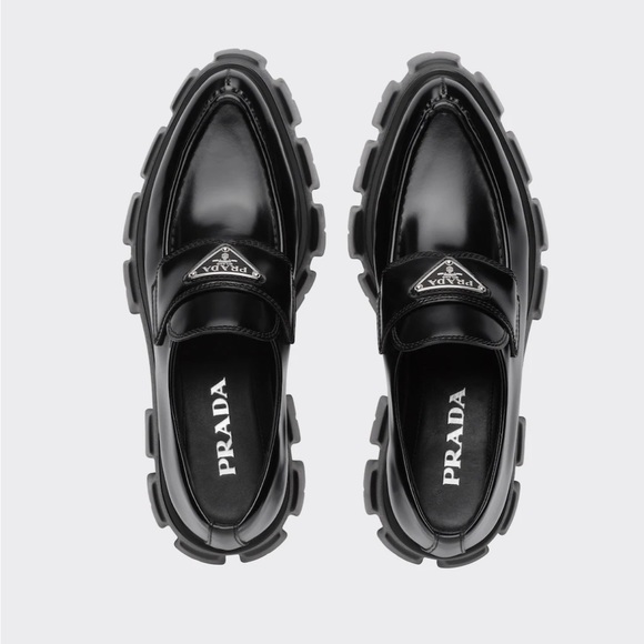 Prada Monolith Pointy Brushed Leather Loafers